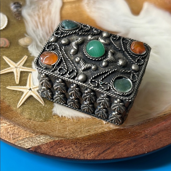 Vintage | Accessories | Vintage Gemstone Handmade Metal Trinket Box ...